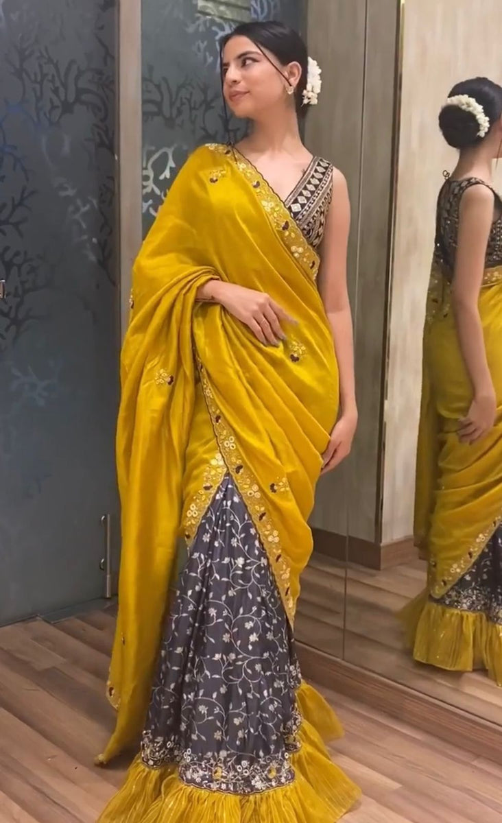 Yellow Saburi Silk Print with sequence embroidery saree with blouse ...