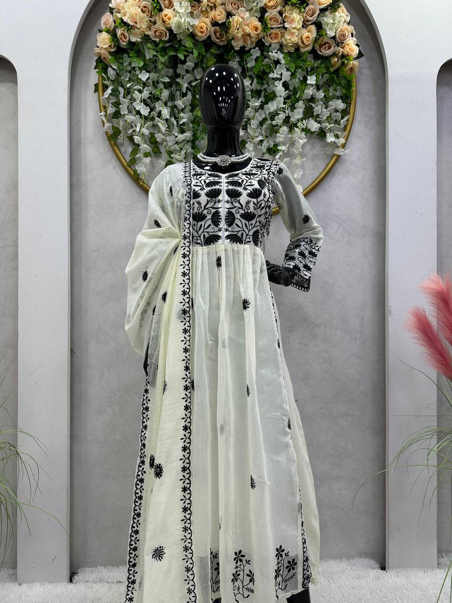 Trendy White Color Thread Sequence Work Chanderi Ready Made Gown Duppa ...
