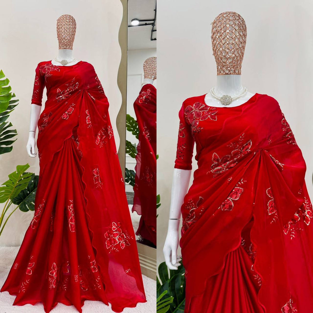 Latest Red Color Jimmy Chu Sequence Thread Work Saree Blouse – Ville ...