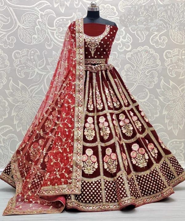 Sensational Maroon Color Sequence Diamond Work Velvet Wedding Wear Leh ...